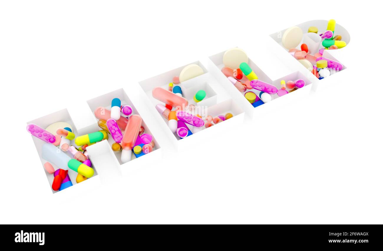 Help lettering, medication container and pills in the form of help ...