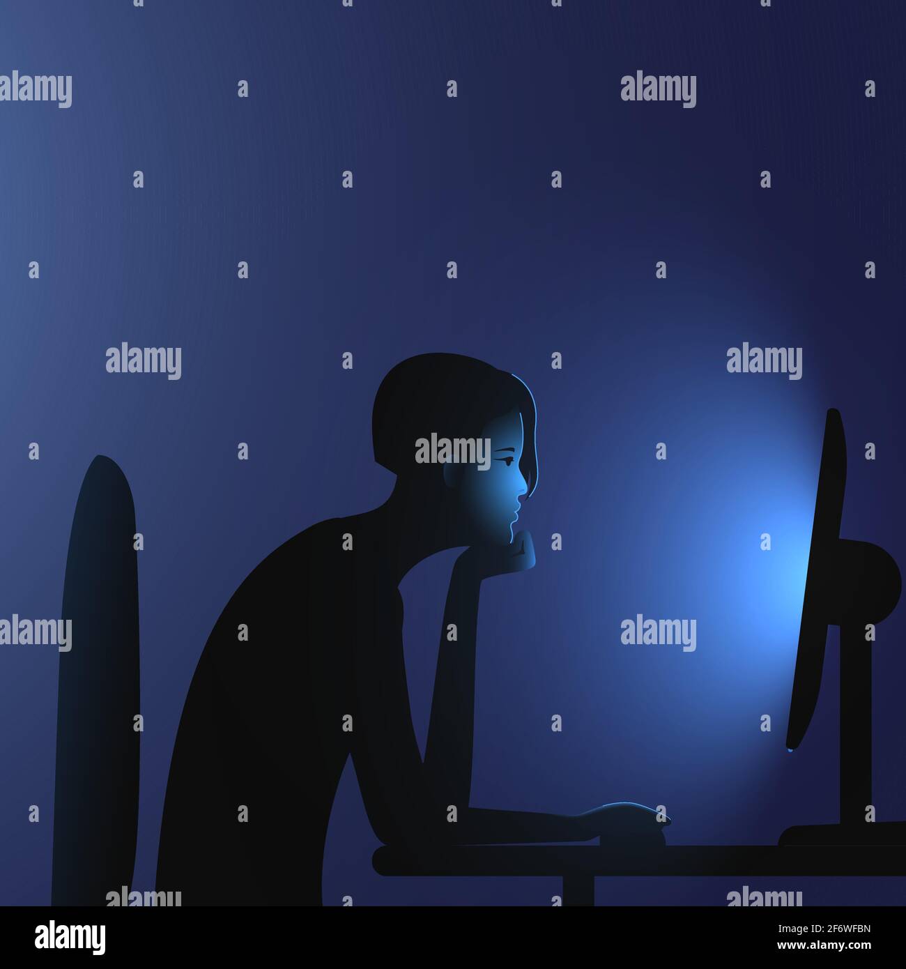 Internet addiction. A woman with a bob hairstyle sits at a computer ...