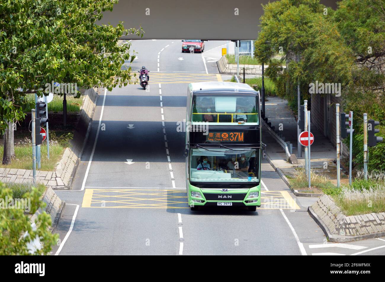 New Lantao Bus (新大嶼山巴士) double-decker on Tung Chung Waterfront Road ...