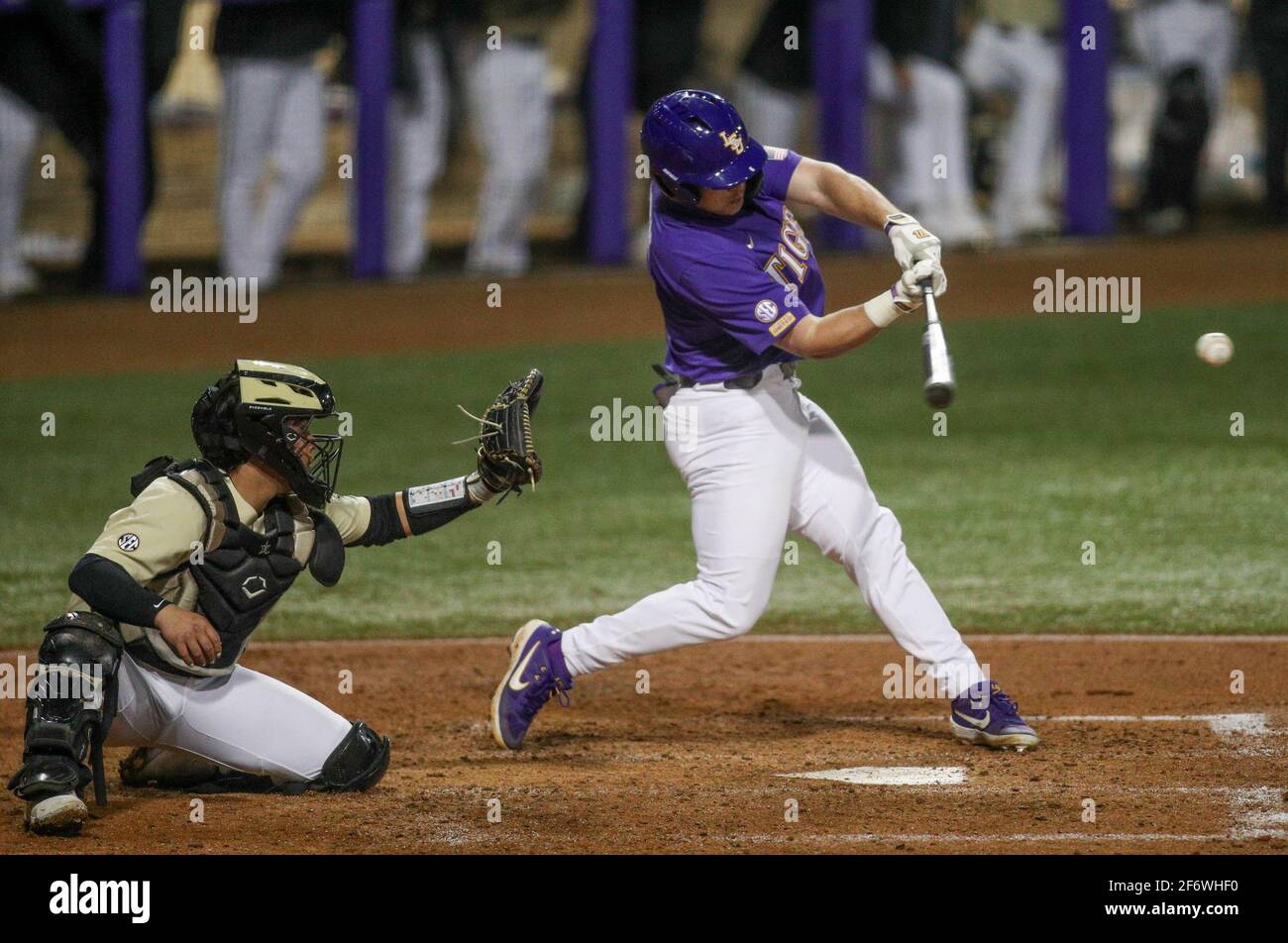 Baton Rouge, LA, USA. 2nd Apr, 2021. Vanderbilt's catcher CJ Rodriguez ...