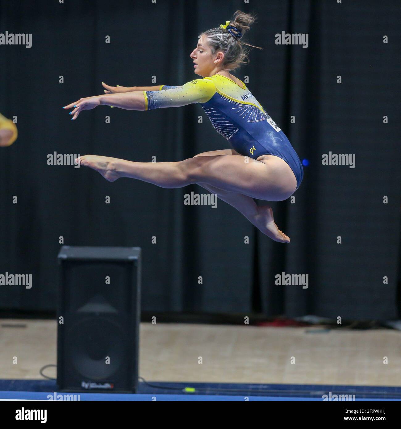 Morgantown, WV, USA. 2nd Apr, 2021. Michigan's Nicoletta Koulos leaps ...