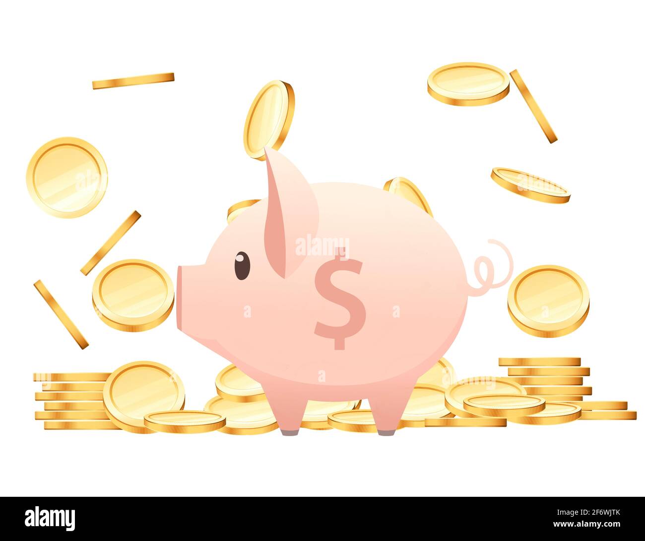 Pink piggy bank with falling gold coin rain of coins vector ...