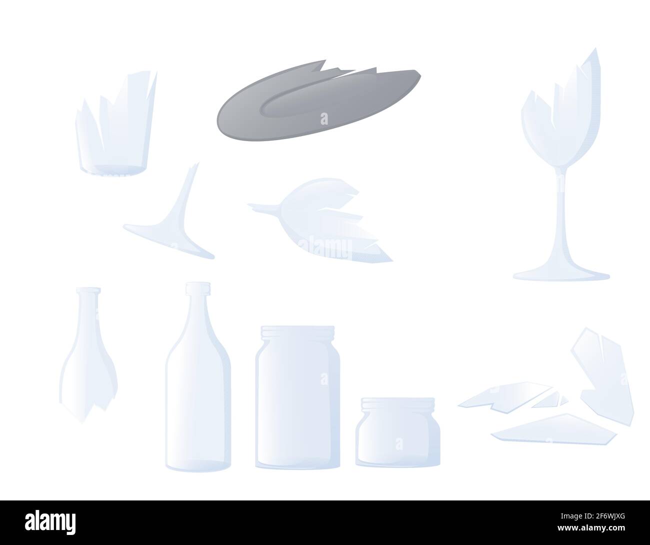 Set variety of glass trash and waste whole and broken glass objects ...