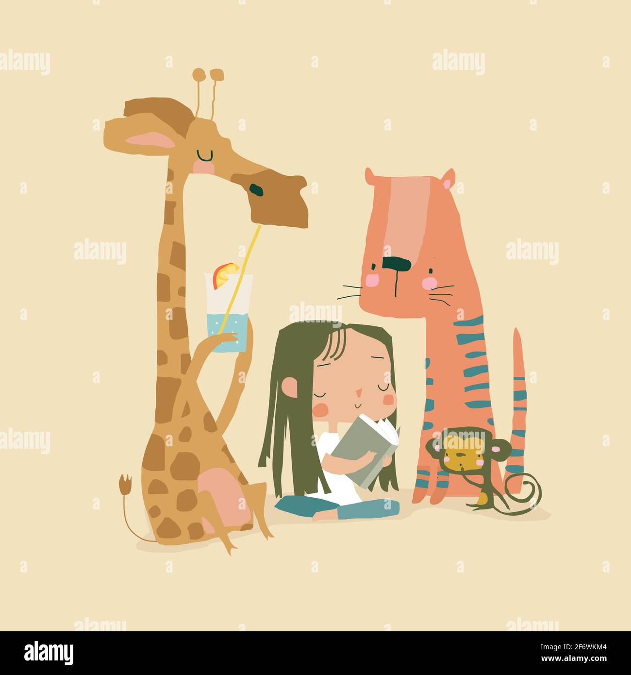 Little girl reading book with cute animals Stock Vector Image & Art - Alamy