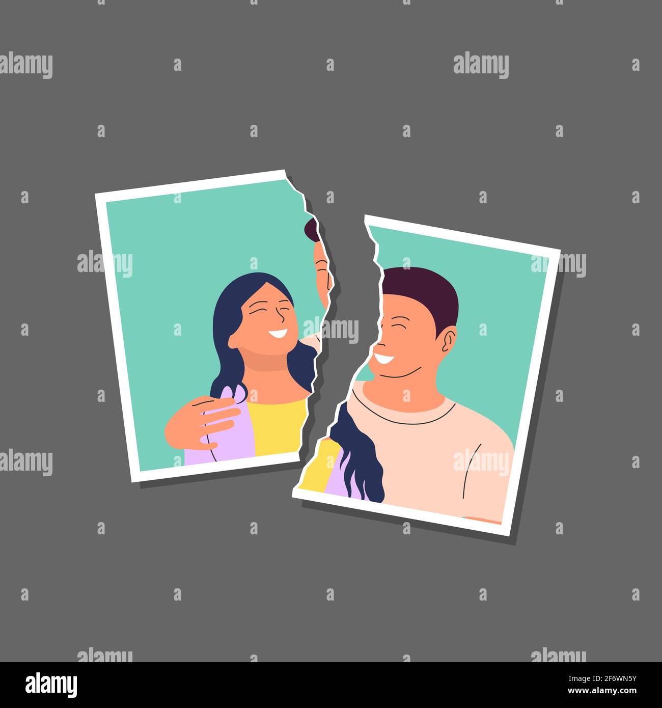 Torn photo of happy young couple template. Divorce, break up, end of ...