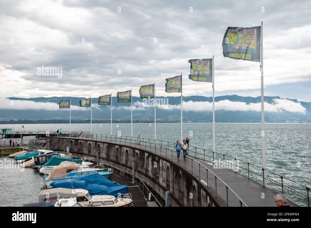 The bridge to the Bavarian Lion statue in Lindau, Germany. The brigde ...