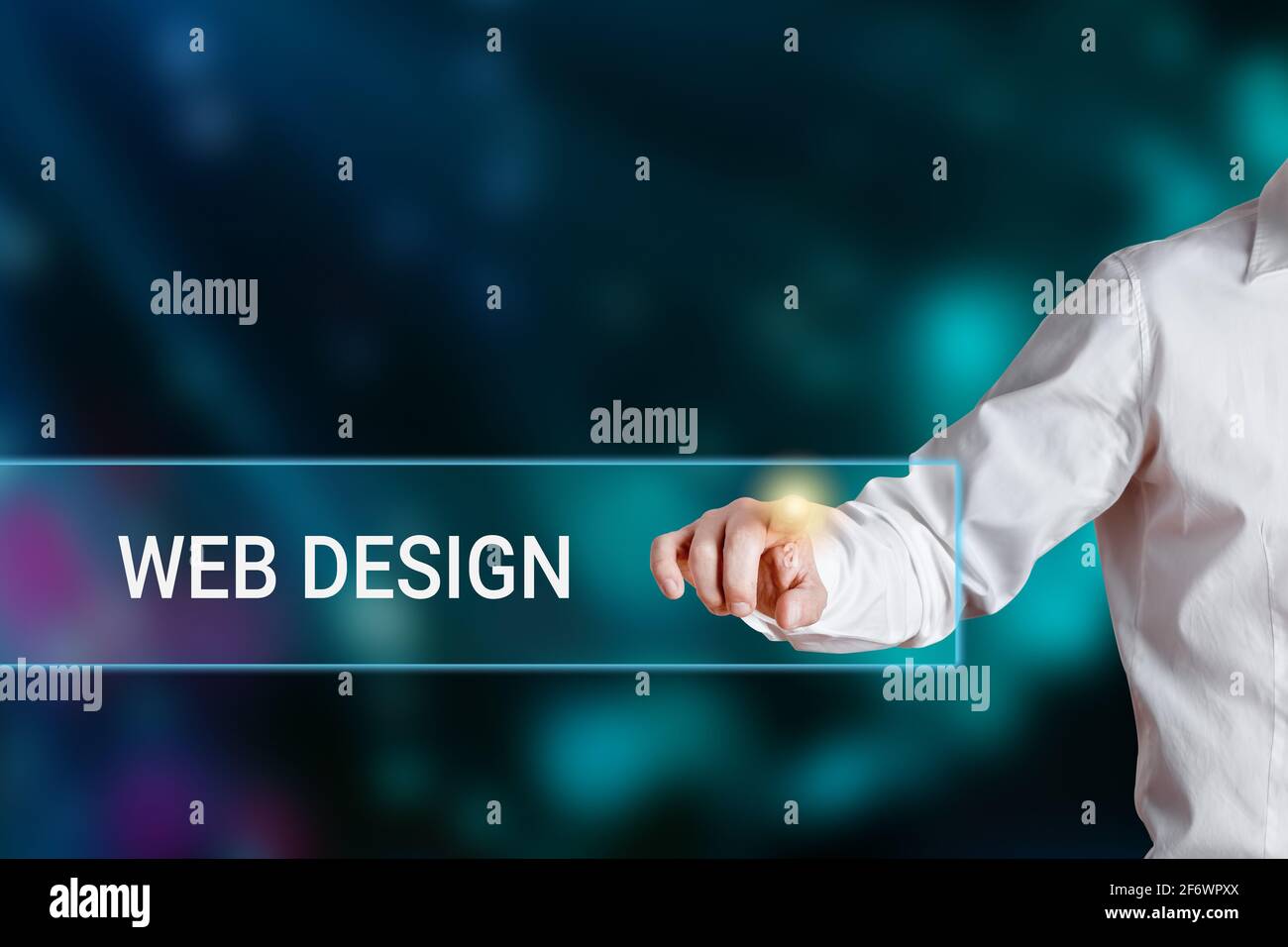 Male hand pressing the word web design on a virtual search display bar ...