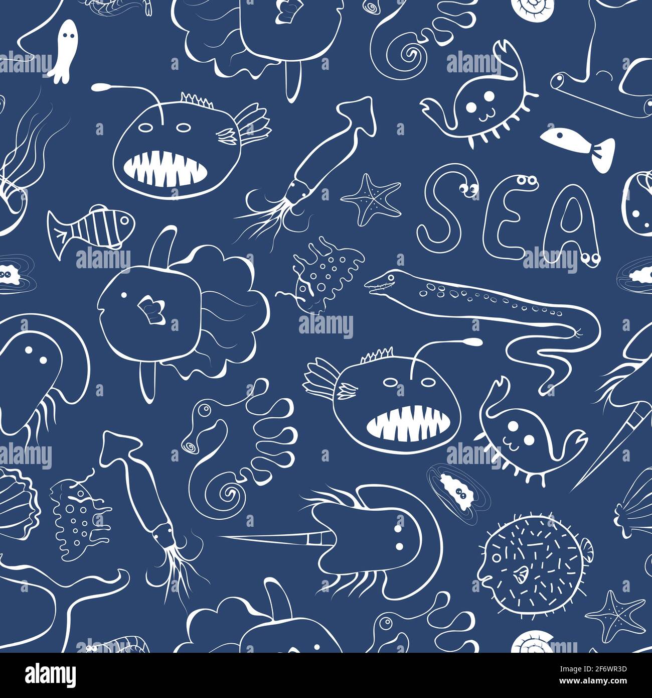 Cute sea creatures line style on the dark blue background seamless ...