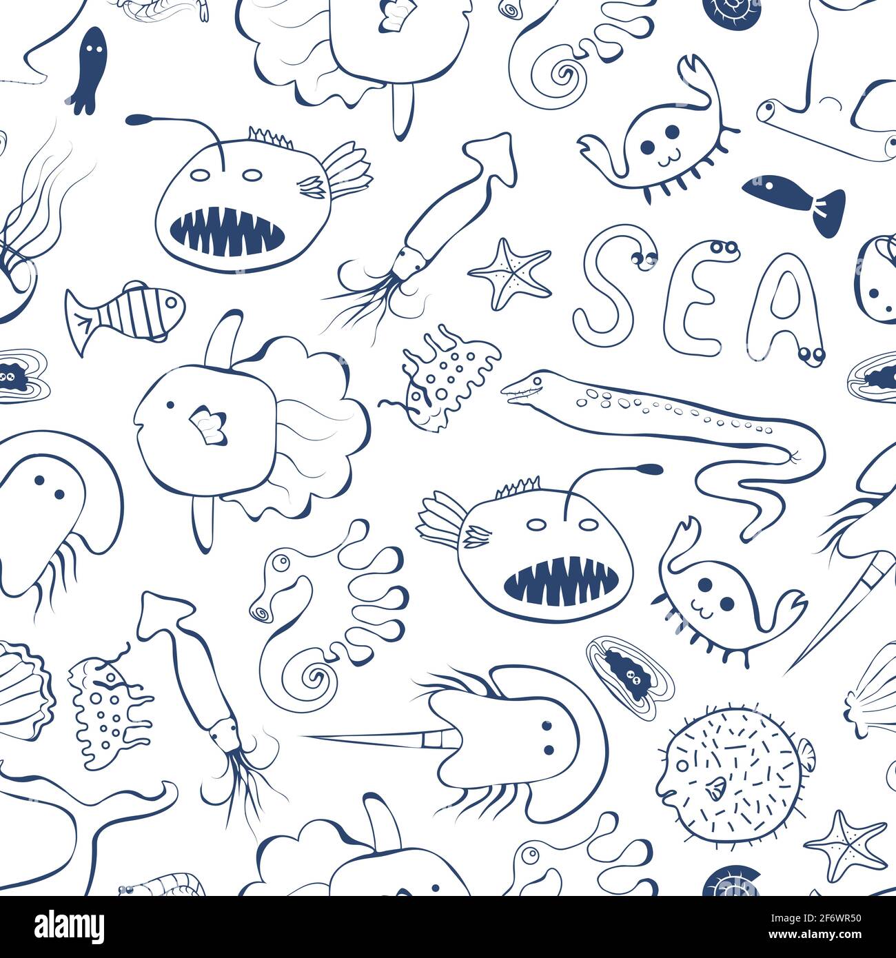Cute sea creatures line style on the white background seamless pattern ...