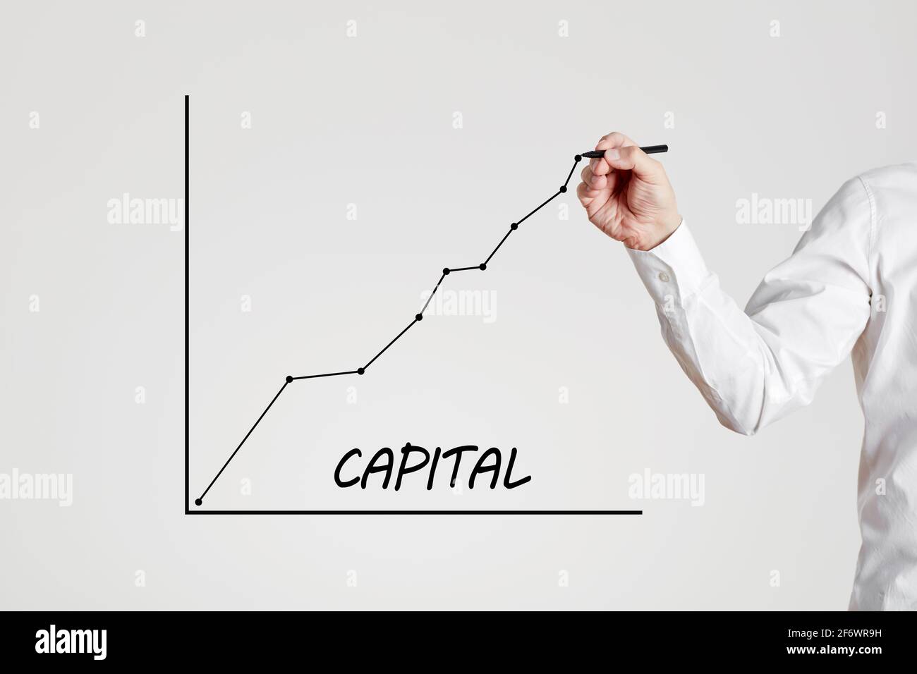 Businessman hand draws a rising line graph with the word capital ...
