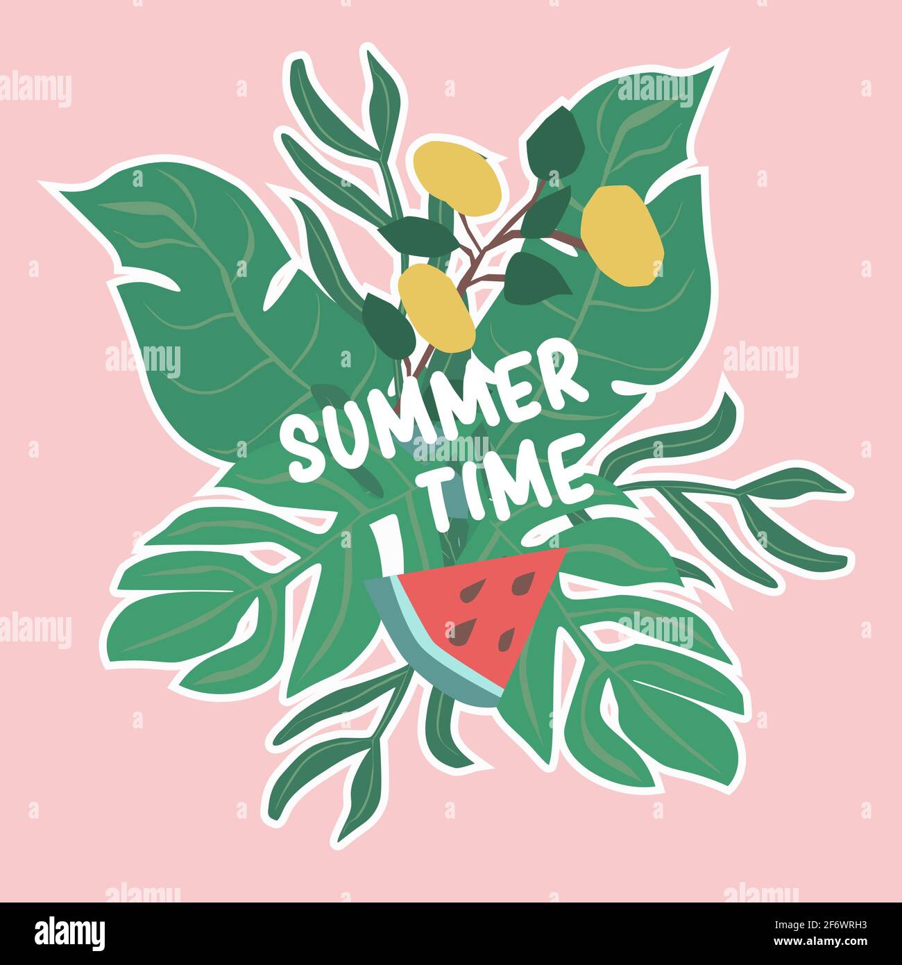 Summer time colorful decorative sticer with leaves and fruites vector ...