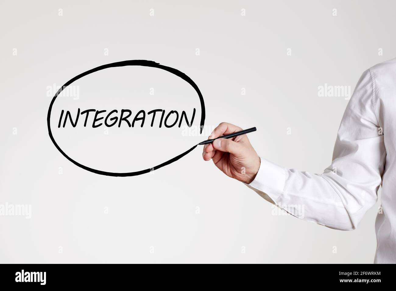 Businessman writes the word integration with an outline circle on gray ...