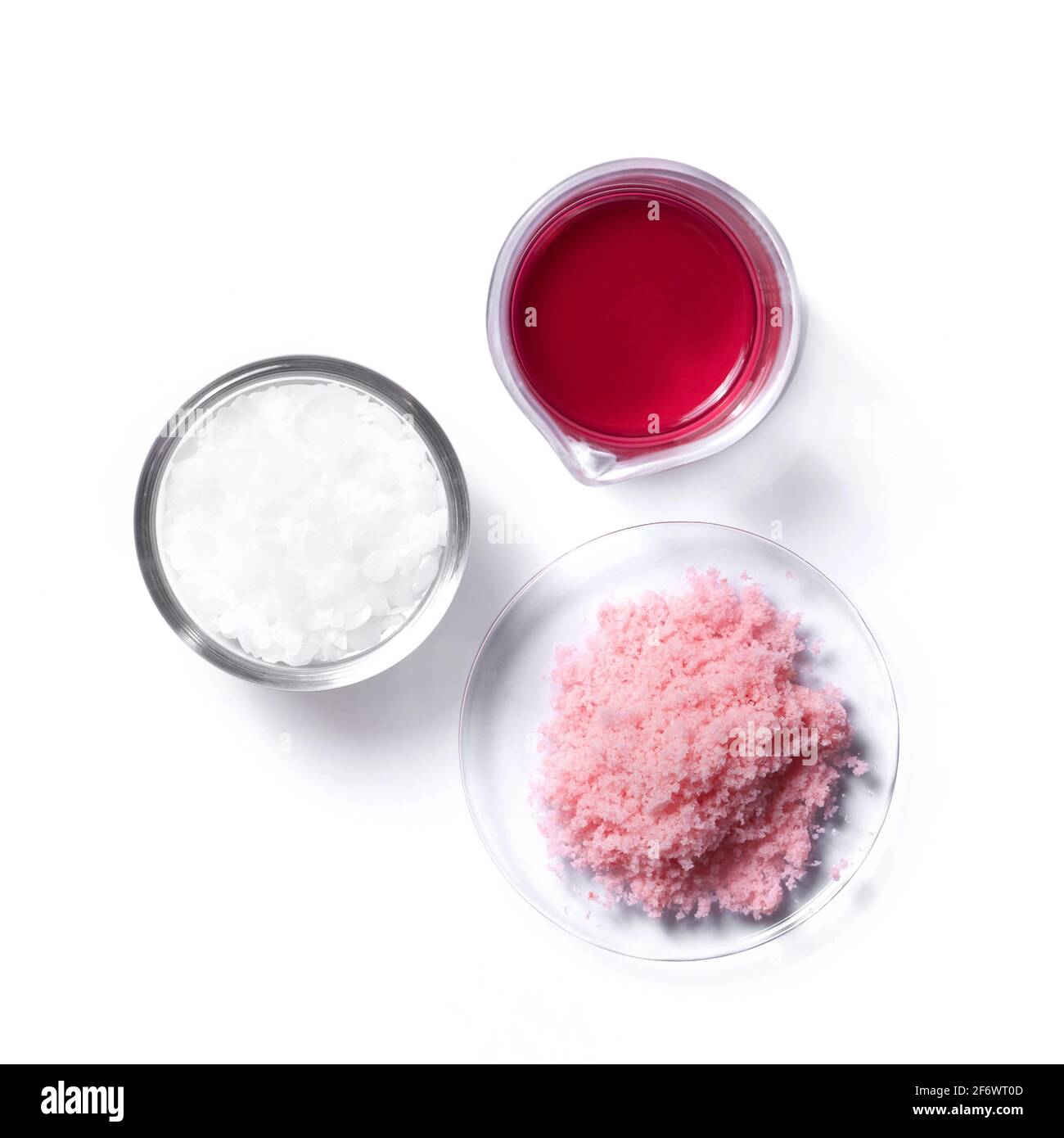 Close up inorganic chemical on white laboratory table (Top View). Pink ...