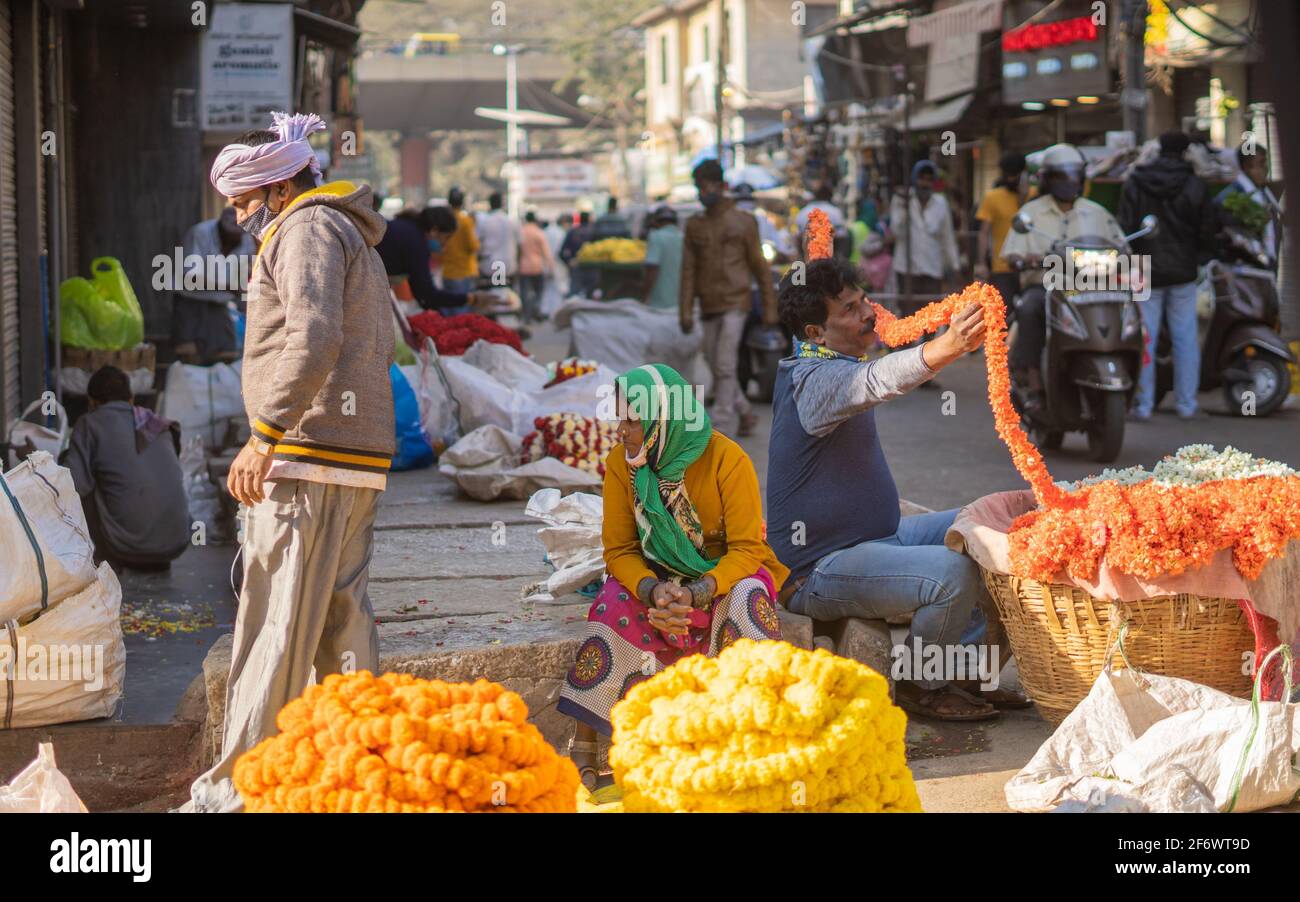 K.R.Market, Bangalore, India - February 06,2021:Street vendors selling ...