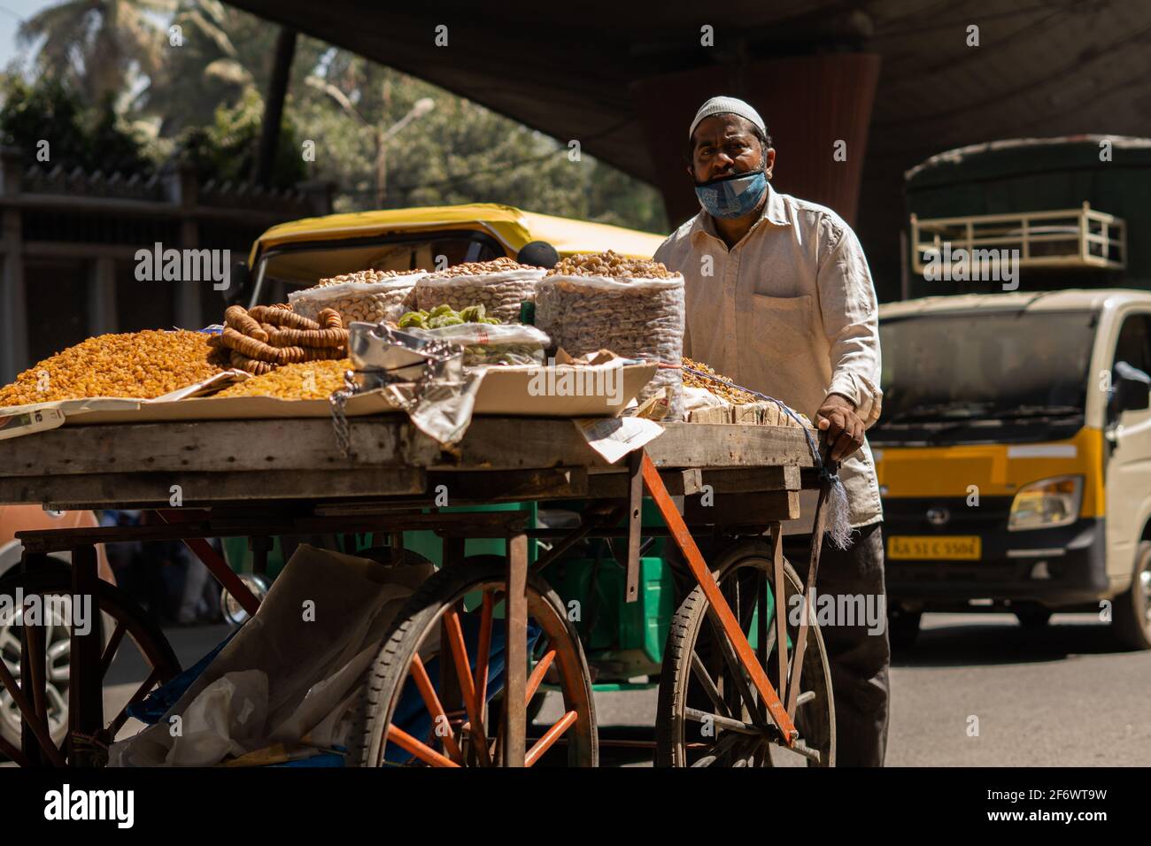 K.R.Market, Bangalore, India - February 06,2021: Muslim street seller ...