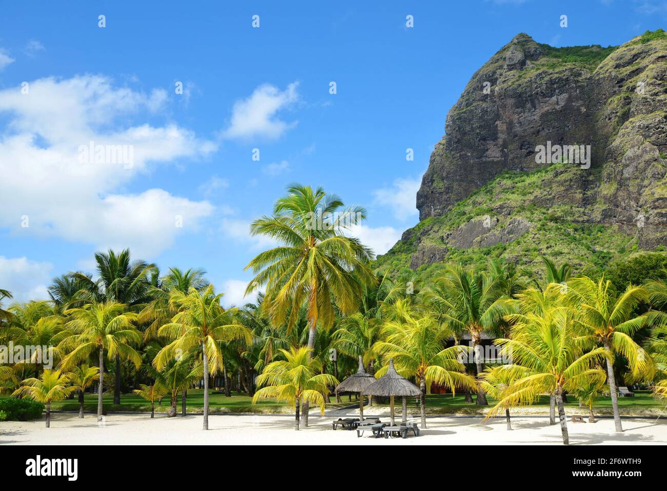 Beautiful sandy beach with Le Morne Brabant mountain on the south of ...
