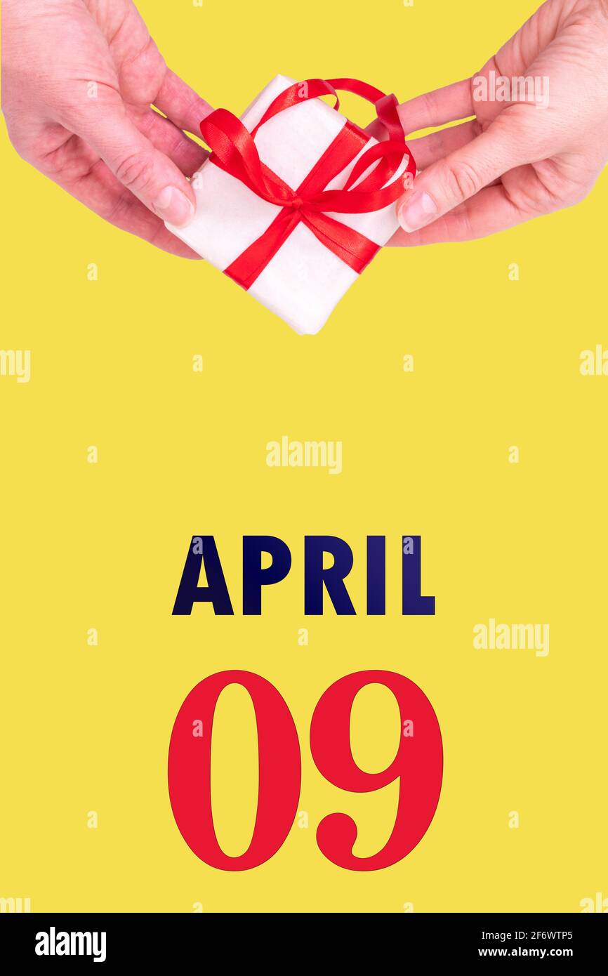 April 9th. Festive Vertical Calendar With Hands Holding White Gift Box ...
