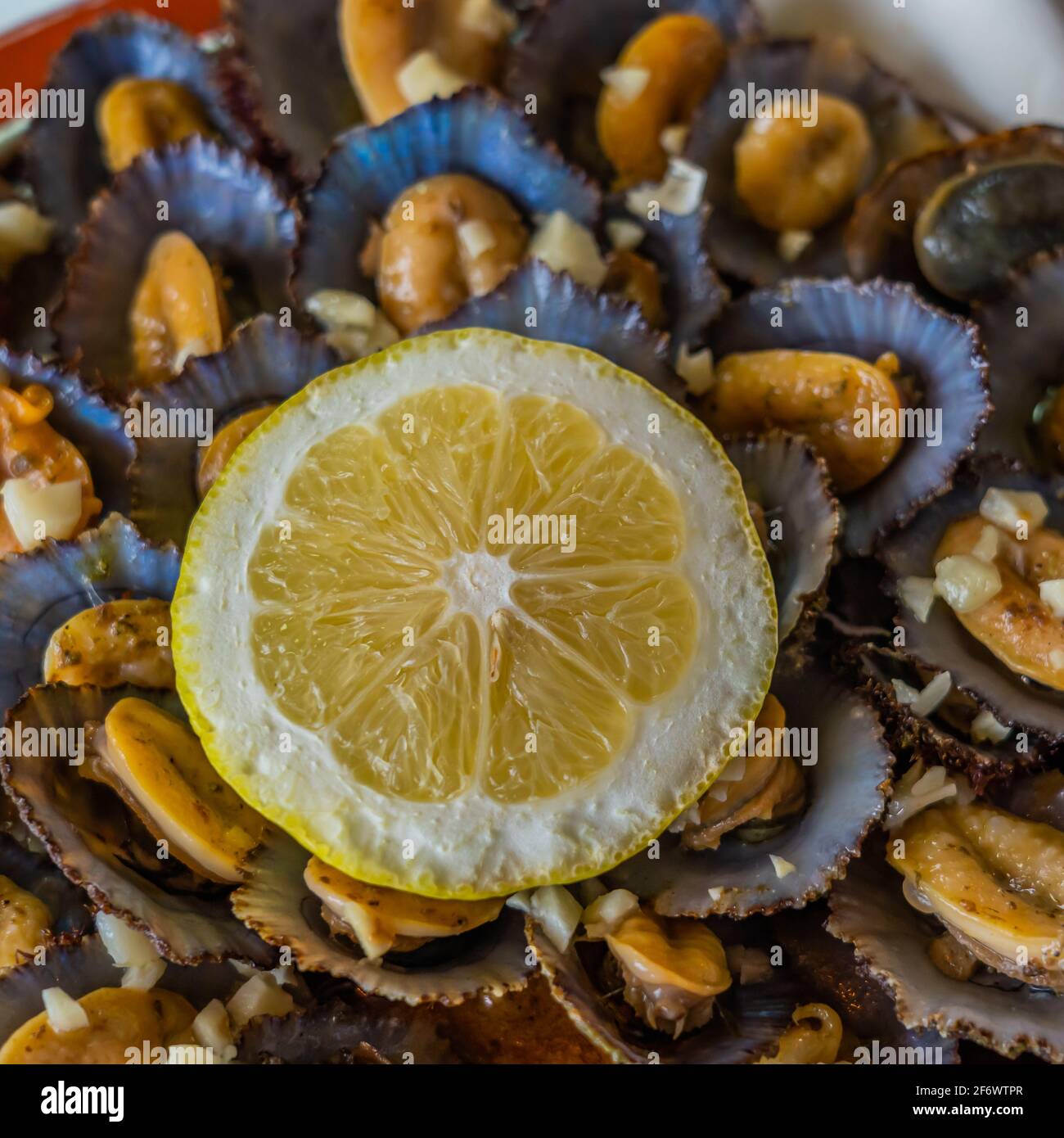 tasty seafood - grilled limpets served with lemon. Lapas grelhadas ...