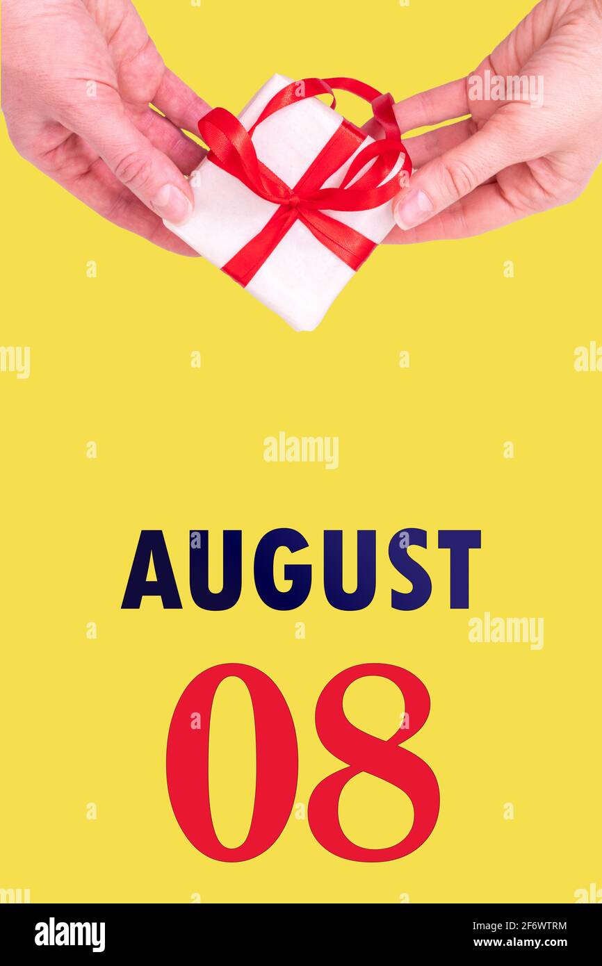 August 8th. Festive Vertical Calendar With Hands Holding White Gift Box ...
