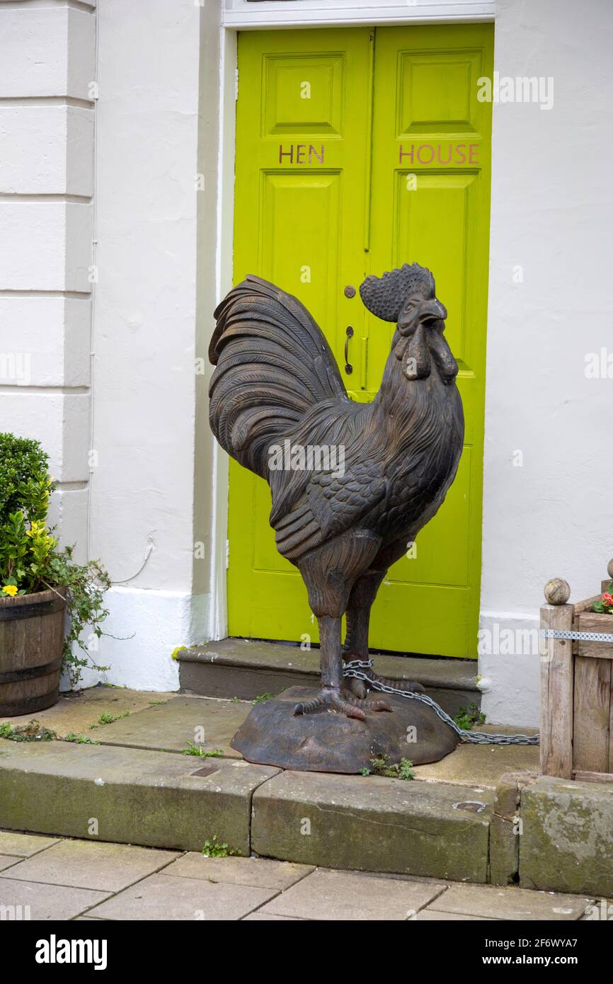 Large metal cockerel sculpture chained outside Hen House, Devizes ...