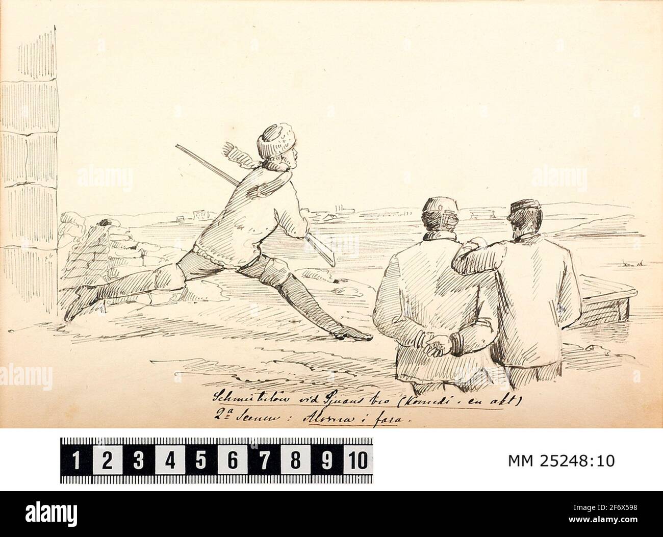 Drawing.Pen drawing with three soldiers at the beach at Kungsholms Fort ...