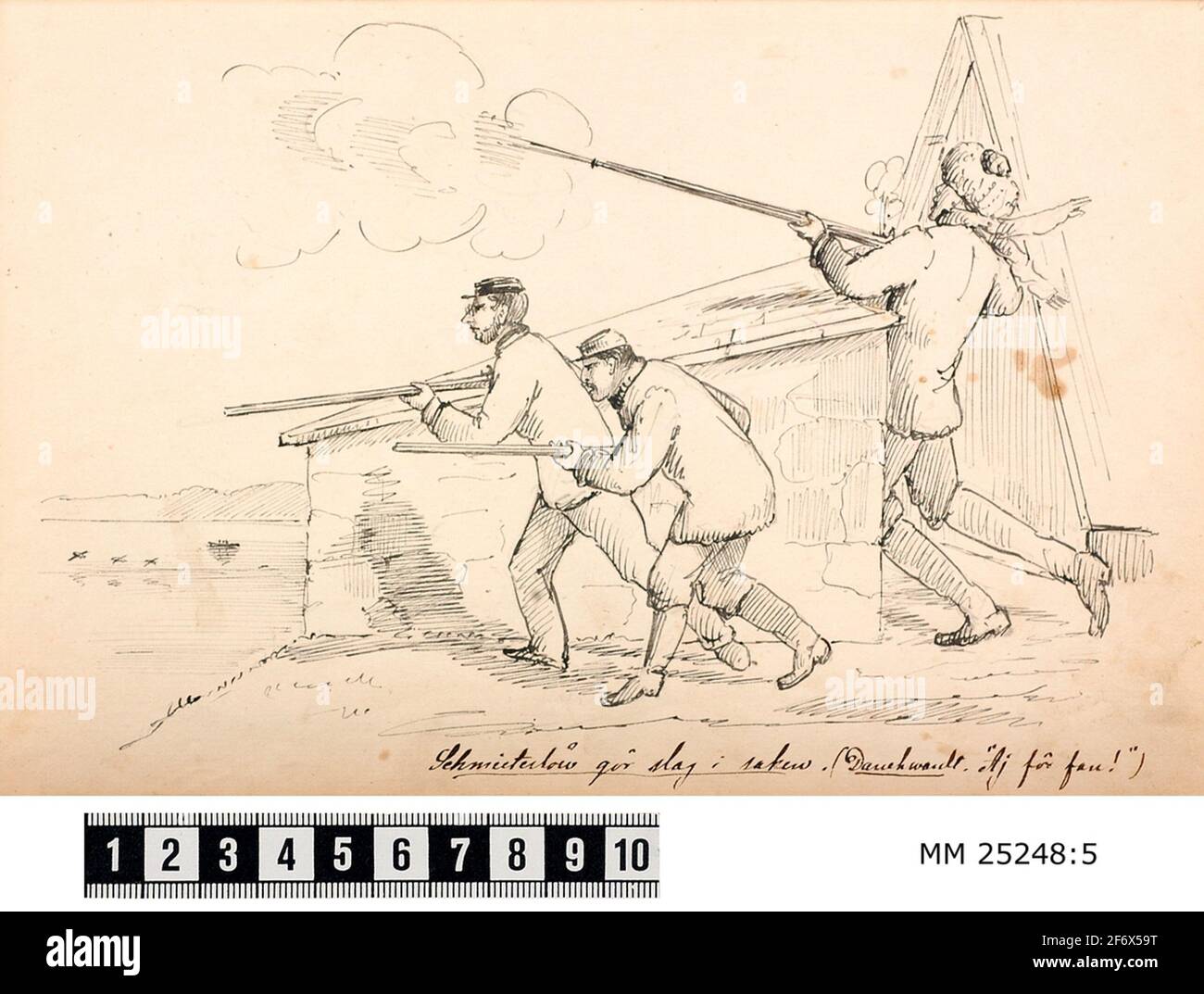 Drawing.Pen drawing with three soldiers on one of the ramparts at ...