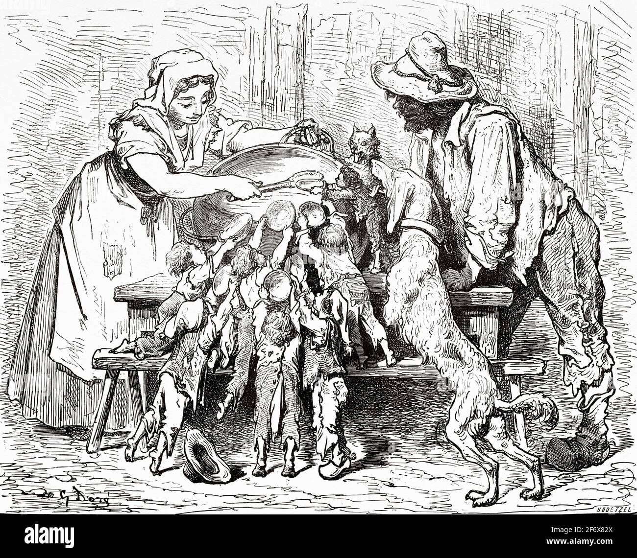 Young children and parents eat a plate of food in poor hut. The Tom ...