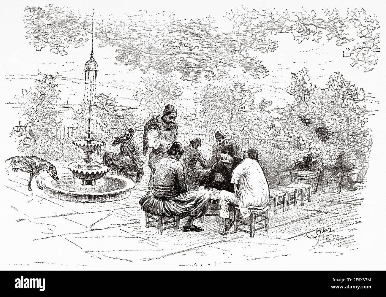 Arab cafe, Istanbul, Turkey. Old 19th century engraved illustration ...