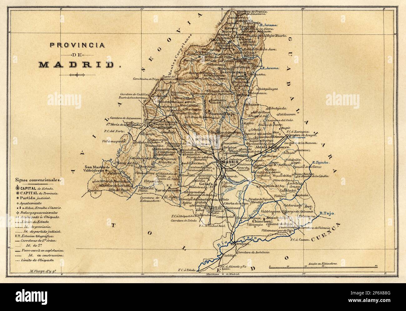 Antique 19th century map of the Spanish province of Madrid, Spain ...