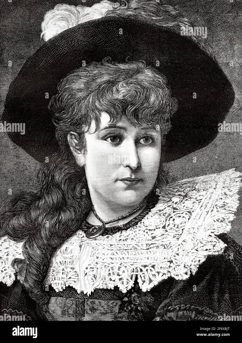 Portrait of a beautiful young woman of the nineteenth century. Old 19th ...