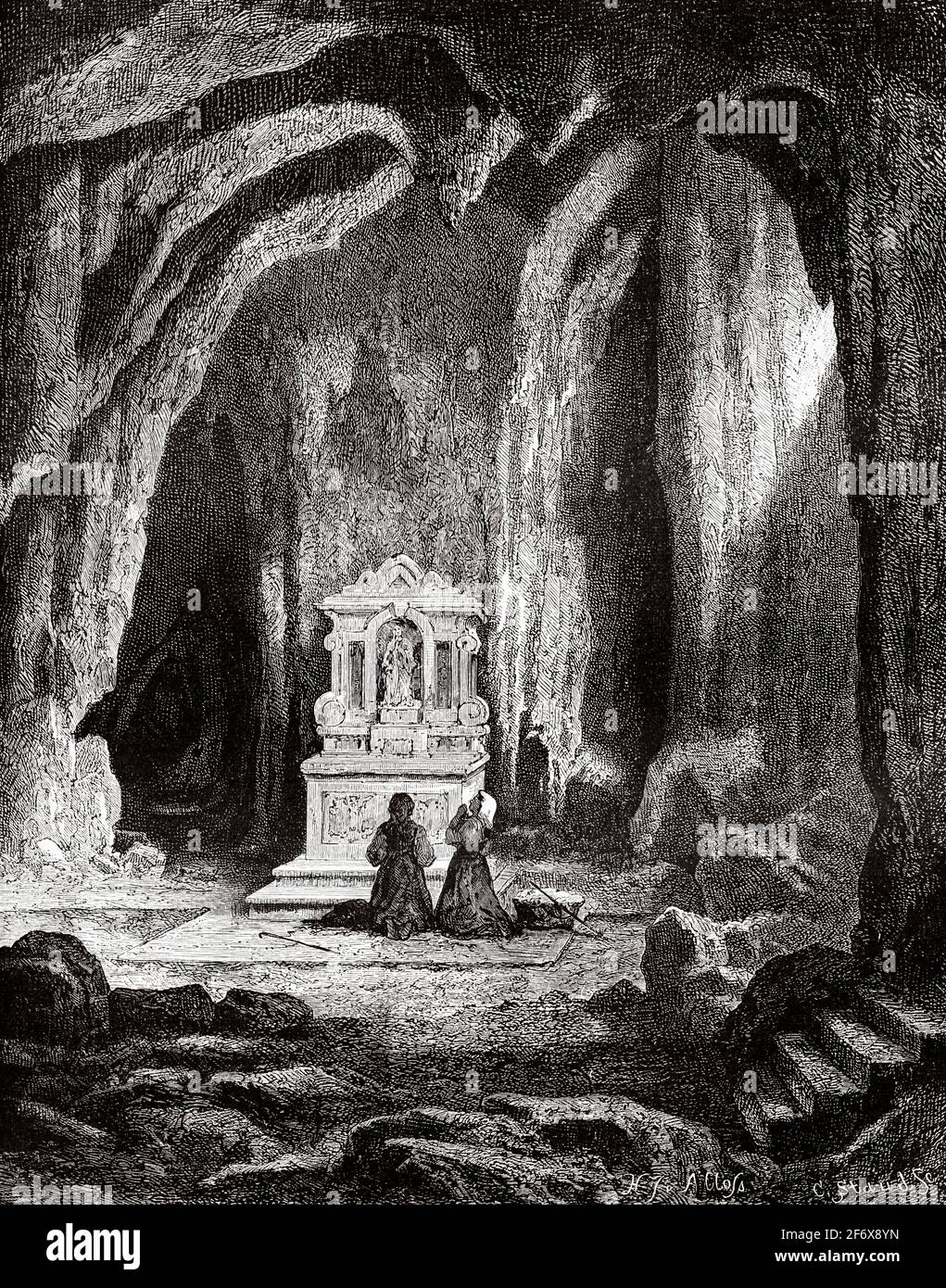 Grotto of San Servolo near Venice, Italy. Europe. Old 19th century ...