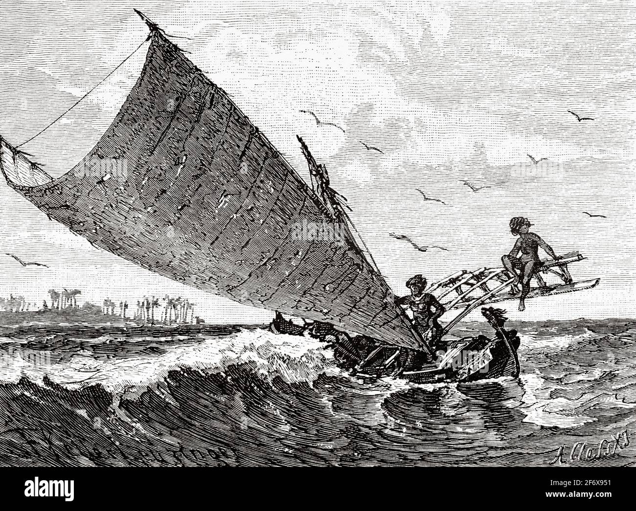 Old Traditional canoe, Papua New Guinea. Old 19th century engraved ...