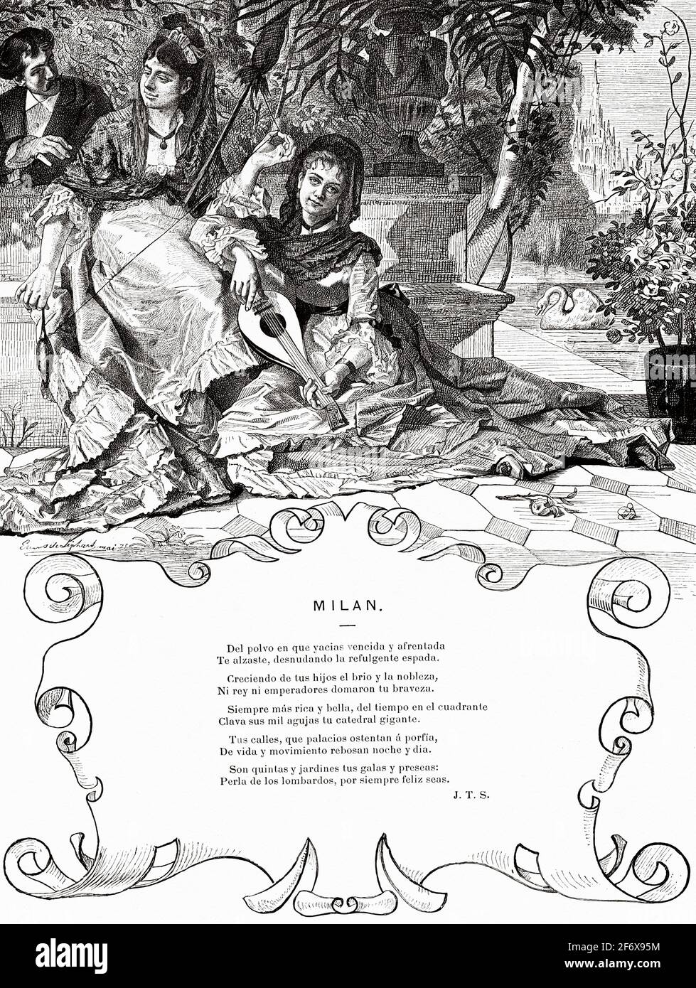 Allegory to the Italian city of Milan, Italy. Europe. Old 19th century ...