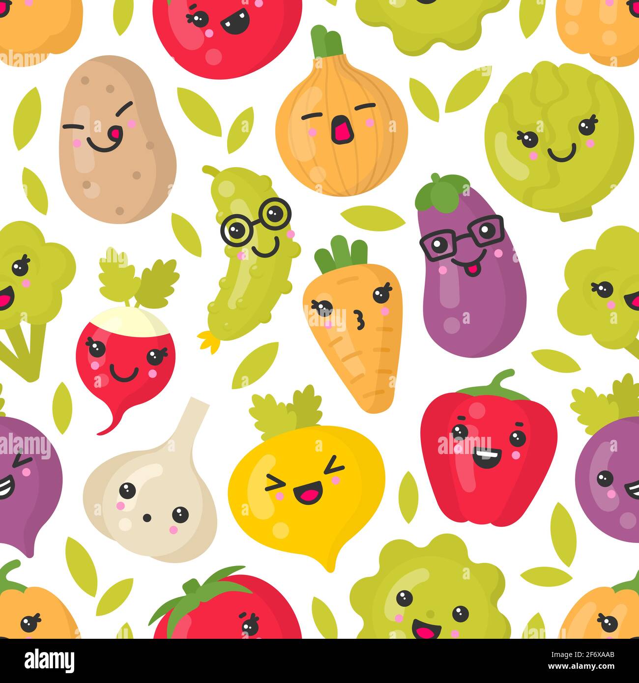 Cute smiling vegetables, vector seamless pattern on white background ...