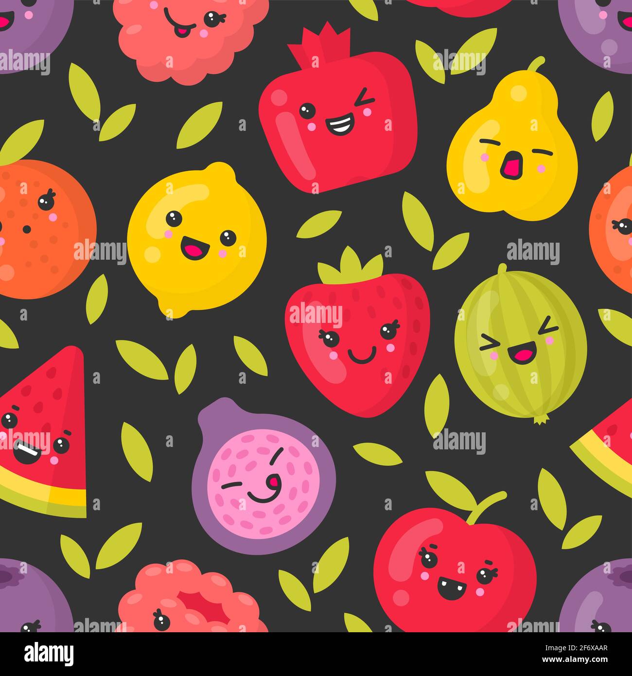 Cute smiling fruits, vector seamless pattern on dark background Stock ...