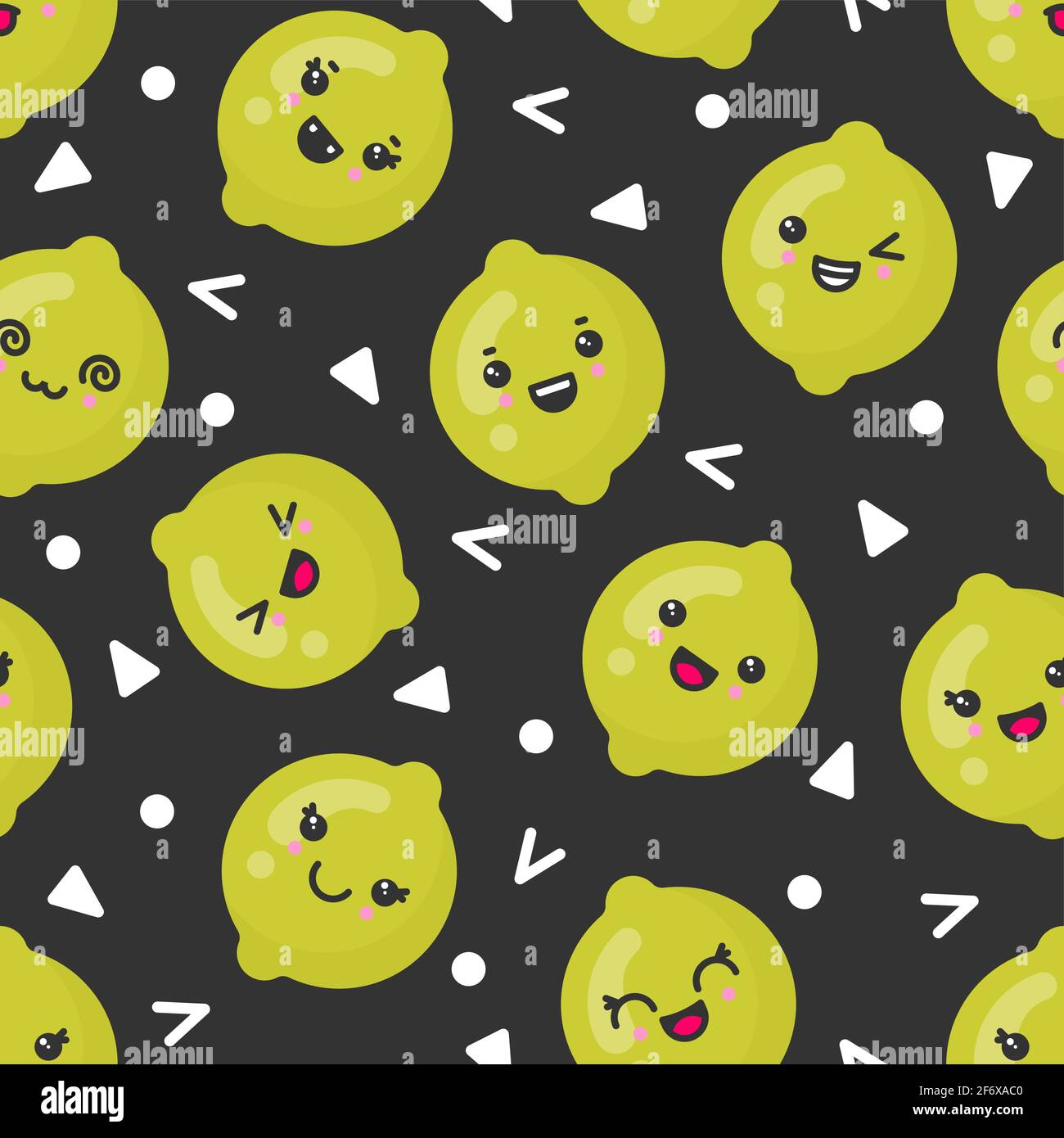 Cute smiling lime fruits, vector seamless pattern on dark background ...