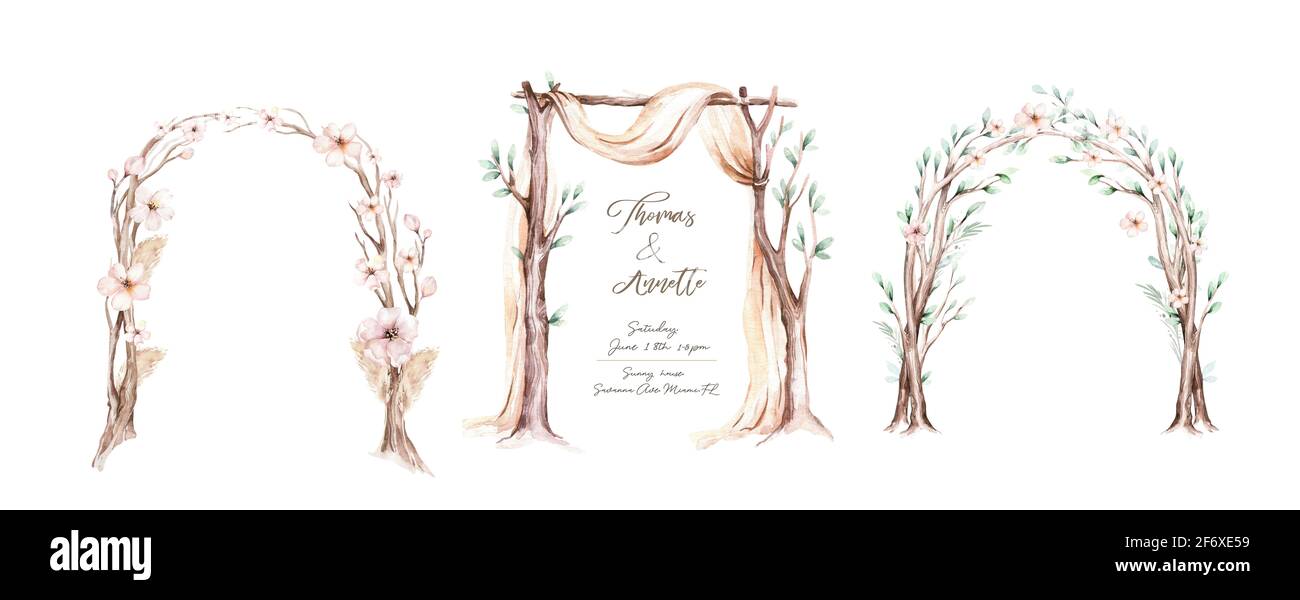 Watercolor wedding arch with tree branches. Vintage design template for ...