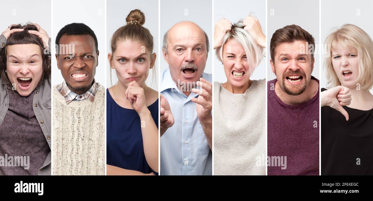 Collage portrait of annoyed angry women and men. Negative human ...