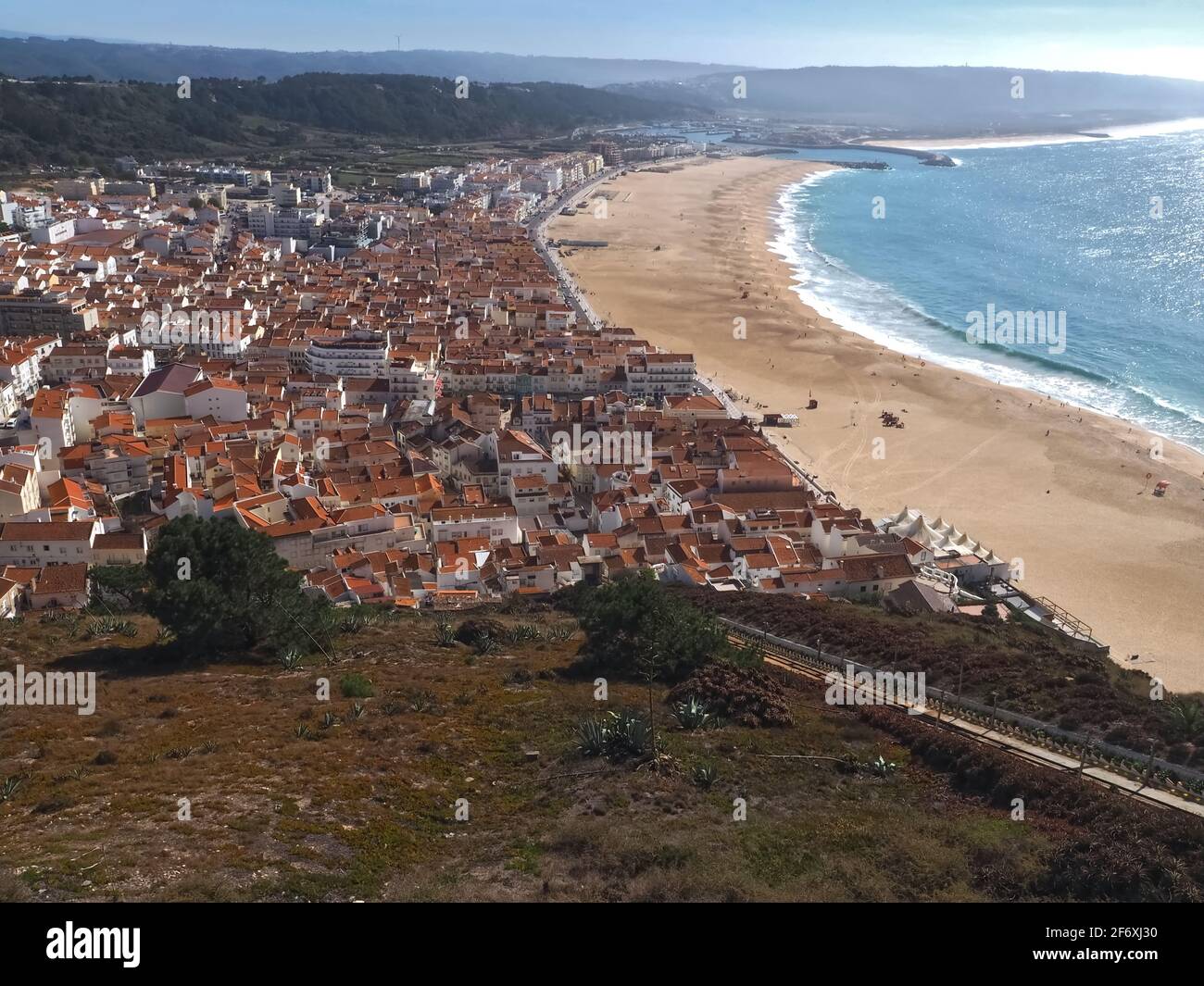 Aerial view with elevator of Nazare in central Portugal Stock Photo - Alamy