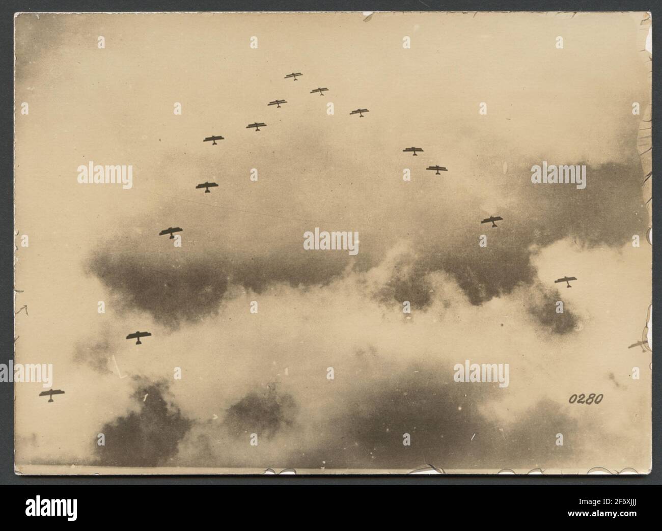 The picture shows a flight fleet of double-decker aircraft flying in V ...