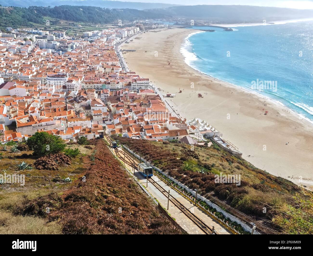 Aerial view with elevator of Nazare in central Portugal Stock Photo - Alamy