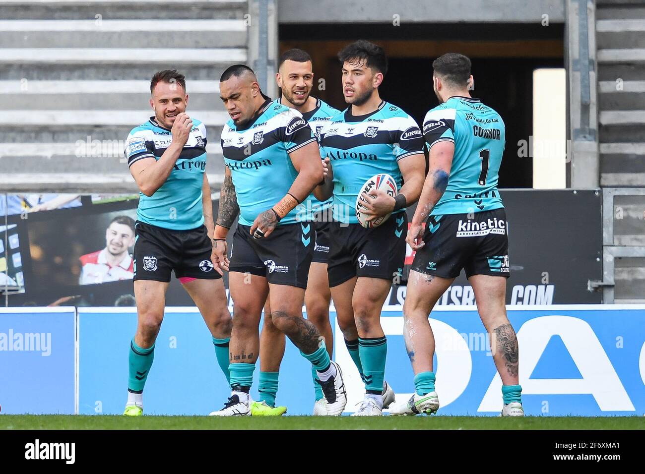 Andre Savelio (11) of Hull FC celebrates his try with team mates in, on ...