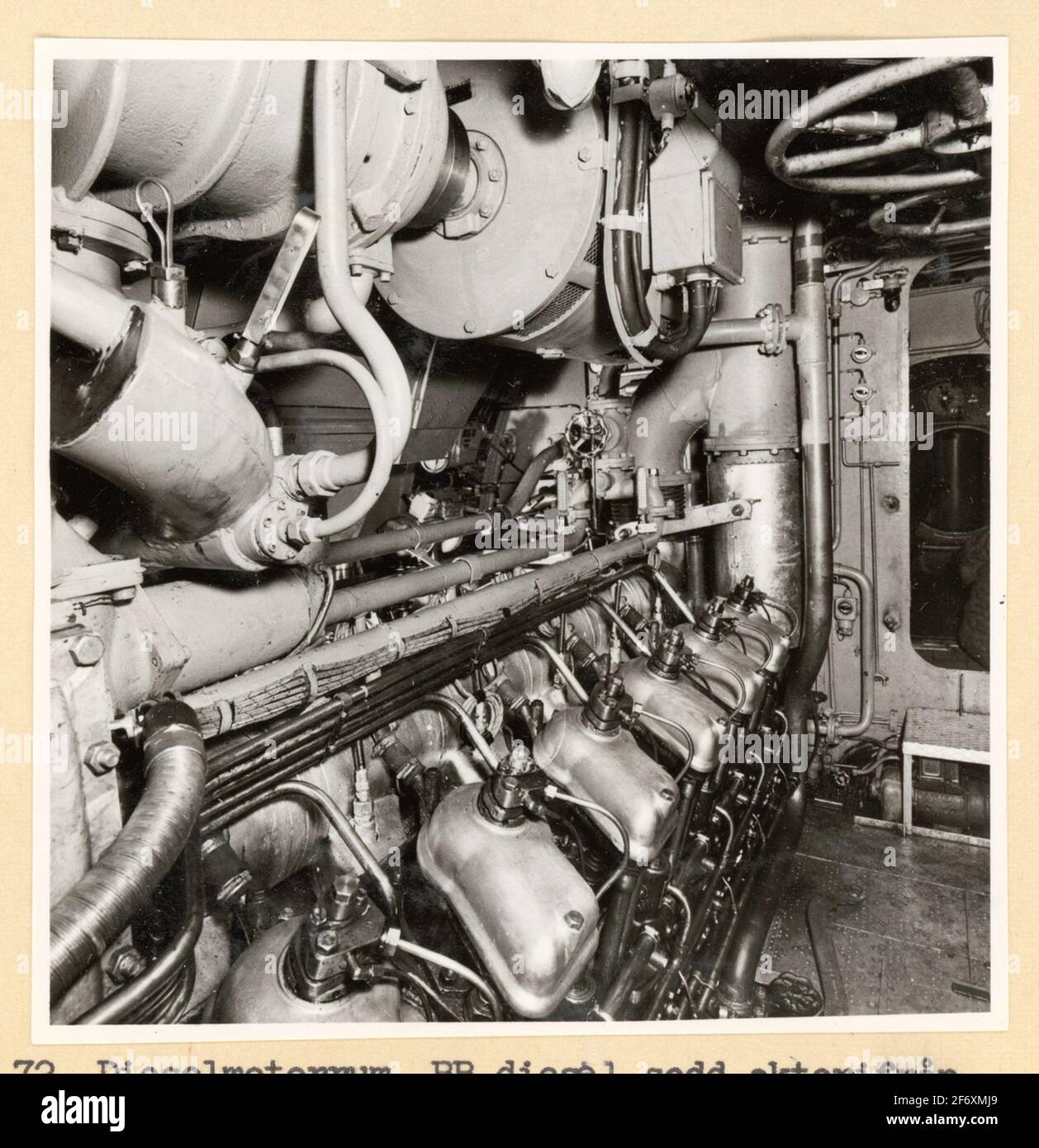 Diesel engine.BB Diesel seen aft .. Kockums AB (depicted name), shark ...