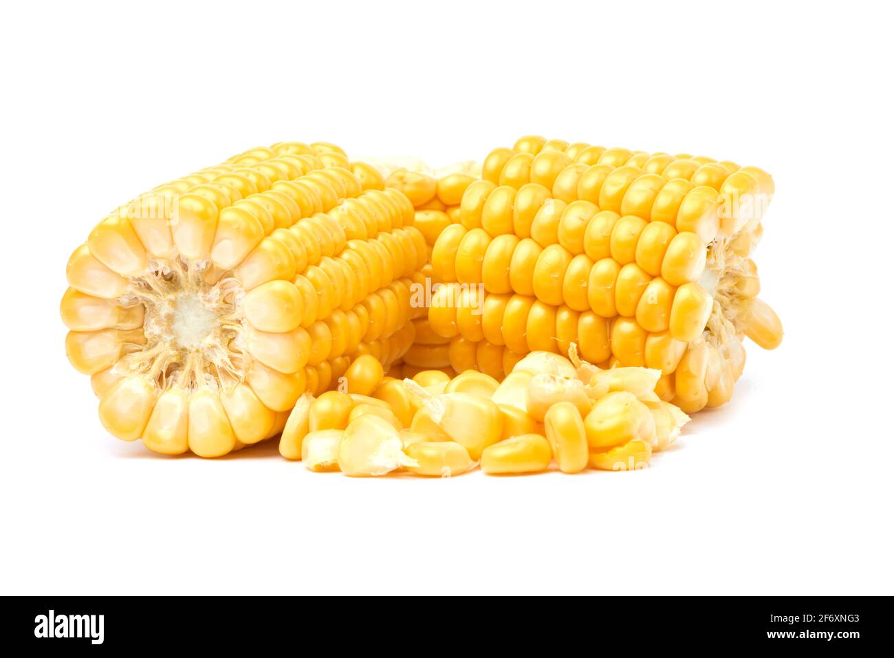 Pieces of Fresh organic corn cob and seeds isolated on white background ...