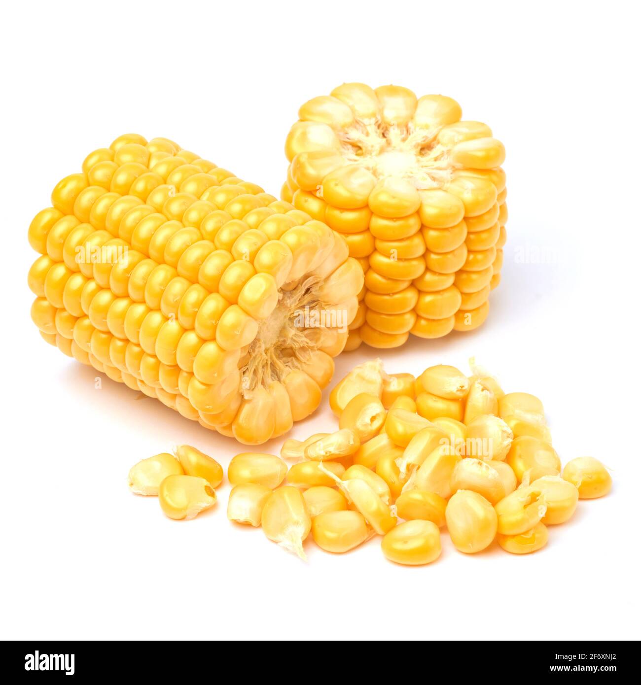 Pieces of Fresh organic corn cob and seeds isolated on white background ...