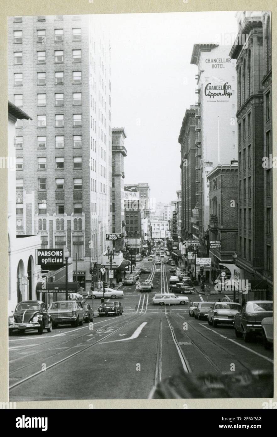 The picture represents a view of Powell Street in San Francisco with ...