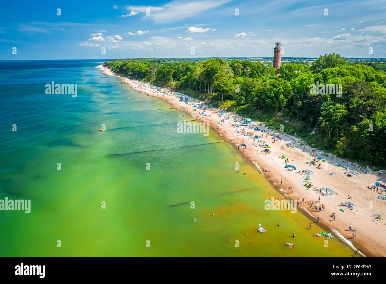 Crowded beach in Baltic Sea. Aerial view of nature in Poland. Tourism ...