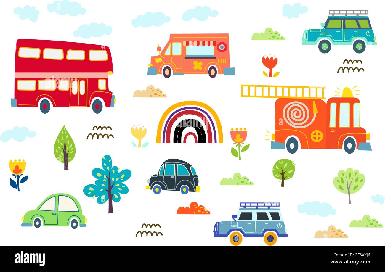 Children s cute cars. Fire truck, ambulance, SUV, cars, taxi, food ...