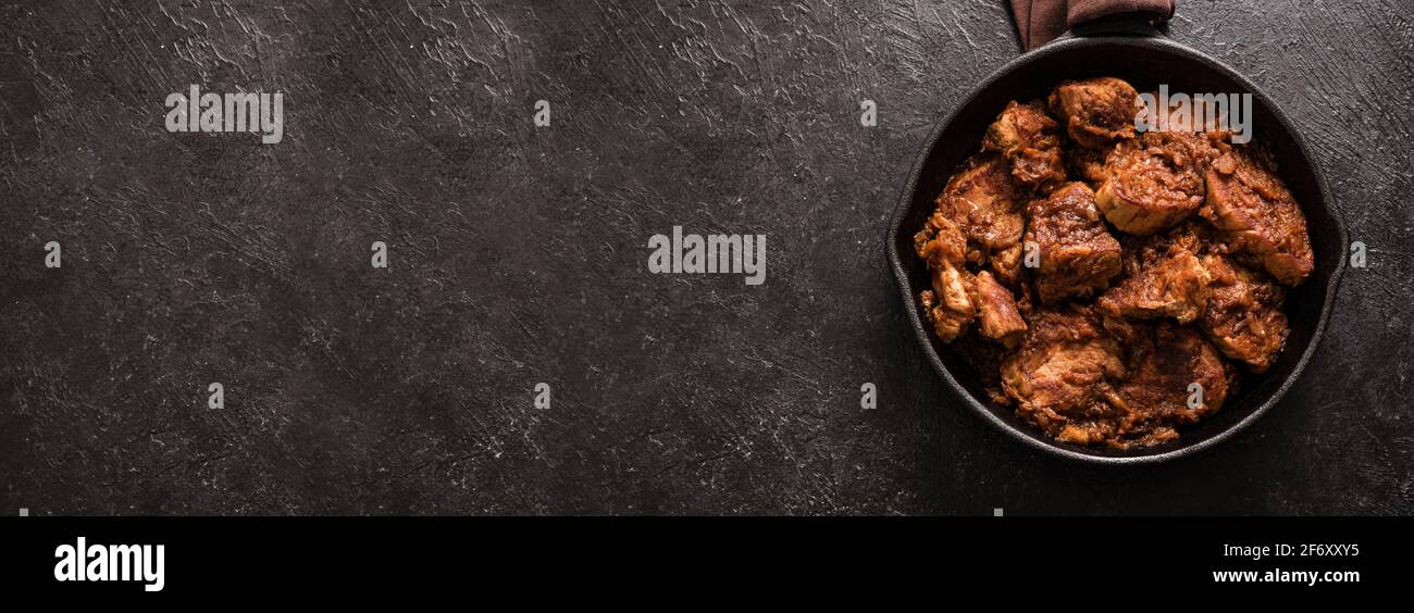Meat Stew. Beef stewed in red wine sauce, top view, copy space. Slow ...