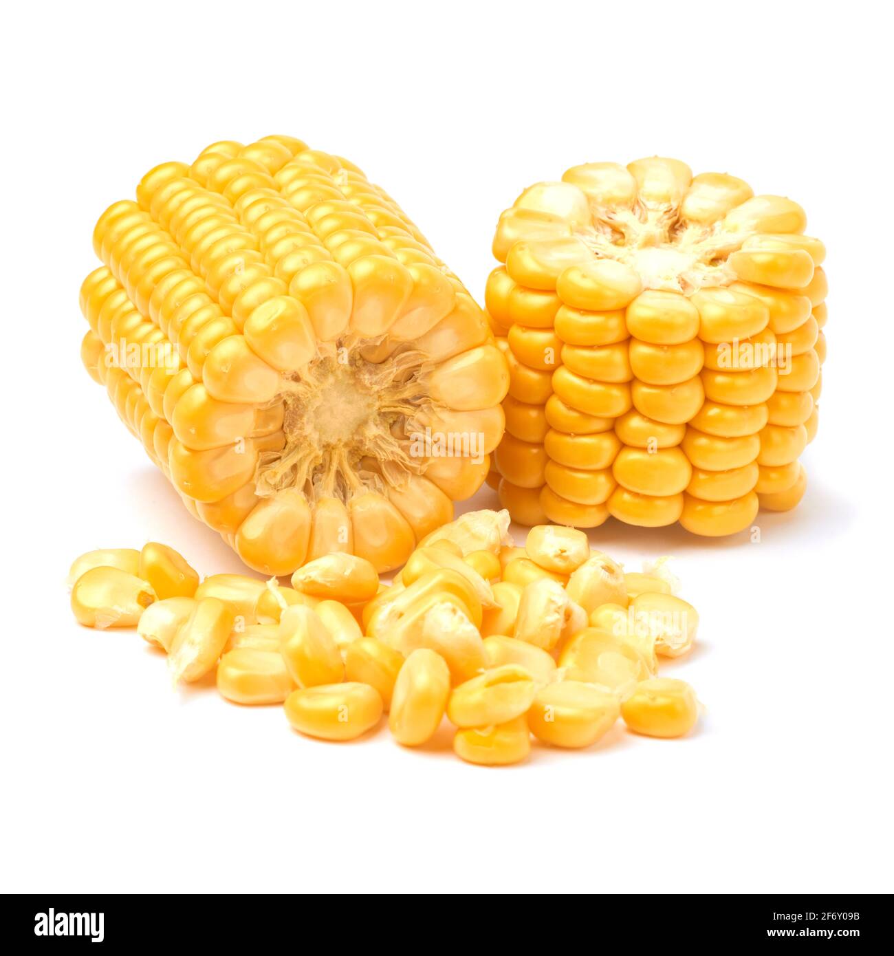 Pieces of Fresh organic corn cob and seeds isolated on white background ...